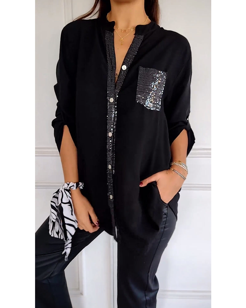 Paneled sequin button casual top – EIGONA