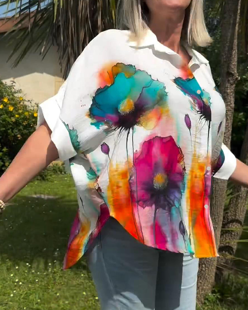 Smudge floral print lapel button-down shirt – EIGONA