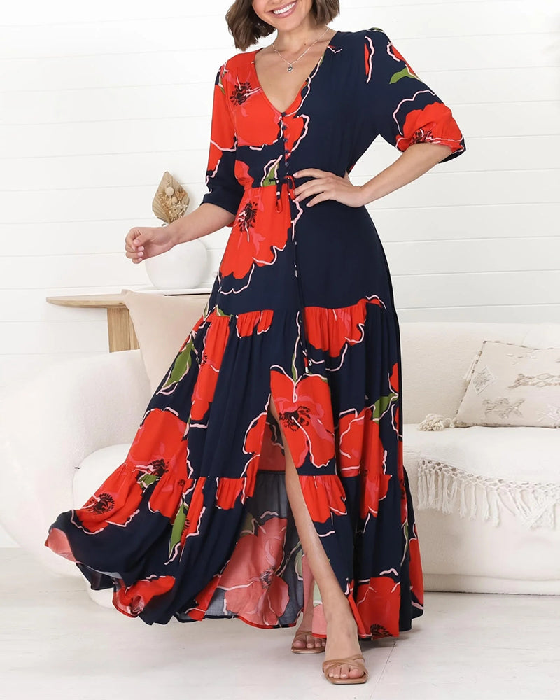 Elegant floral print waist slit dress – EIGONA